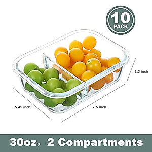 BAYZZ 10 Packs 30 oz Glass Meal Prep Containers 2 Compartment, Glass Food Storage Containers with Lids, Airtight Glass Lunch Bento Box, Freezer,Dishwasher and Microwave Safe