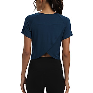 Mippo Short Sleeve Workout Tops Athletic Shirts Gym Clothes Exercise Tees Sports Running Active Wear Cute Work Out Crop Top TShirts for Women Loose Fit Navy Blue L