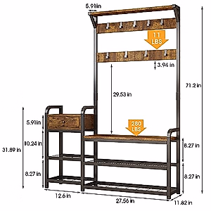 JUNZYOUY 5 in 1 Entryway Coat Rack Shoe Bench，Hall Tree with Bench, Entryway Bench with Coat Rack, with Shoe Rack, Storage Drawer, 9 Hooks, Coat Rack with Bench, Rustic Brown.