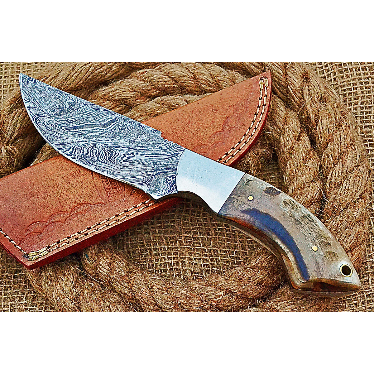 HUNTEX Handmade Hand-Forged Twist Pattern Damascus Steel 9 Inch Long Full Tang Natural Ram Horn Handle Razor Sharp Hunting Camping Boot Knife w/Genuine Leather Pouch