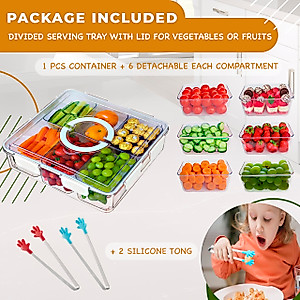 MUGA LARGE Divided Serving Tray with Lid & Handle- 6 Compartment Removable Snackle Box Charcuterie Container with 2 Silicone Tong, BPA-Free Fruit Storage Container.