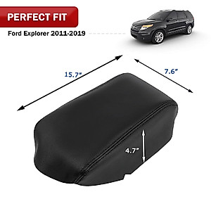 KBH Car Front Center Console Armrest Cover Replacement for Ford Explorer 2011-2019, Vinyl Leather, Middle Console Arm Rest Skin Upholstery, Anti-Scratch, Black (Without Lid)