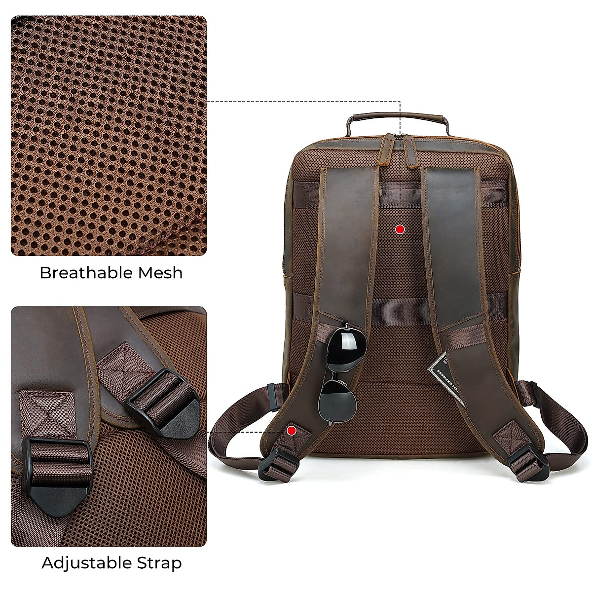 compalo Full Grain Leather Backpack for Men, 17.3 Inch Travel Laptop Backpack Multi Pockets DayPack Rucksack With YKK Zippers