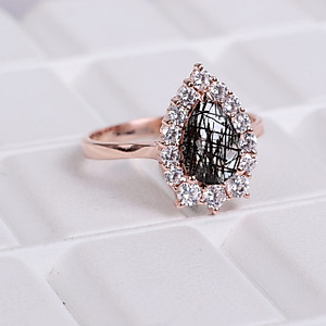 Teardrop Black Rutilated Quartz Engagement Ring CZ Dimond Halo Wedding Ring Rose Gold Plated Bridesmaid Jewelry Gift For Wife BY KANISHKA GEMS JEWELS