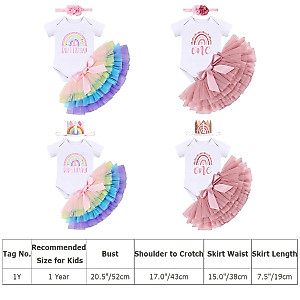 Boho Rainbow 1st Birthday Outfit for Baby Girl One Year Old Party Cake Smash Photo Shooting Props Cotton Short Sleeve Romper Princess Tutu Tulle Skirt Diaper Cover Flower Headband 3pcs Set Dusty Pink