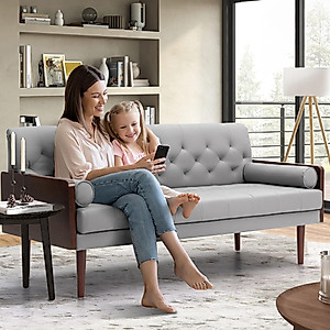 PATIOHIT Faux Leather Couch Modern 72" Sofa Couch with 2 Bolster Pillows Mid Century Modern Upholstered Loveseat Sofa Couch for Living Room Apartment Office (Grey)