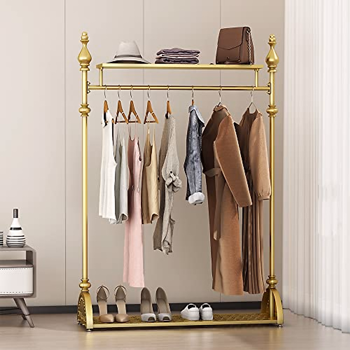 Clothing Rack Gold, Industrial Clothes Rack for hanging Clothes with Double Shelves Freestanding Multi-functional Heavy Duty Garment Rack, Metal Movable Portable Coat Rack for Organizing Clothes Shoes