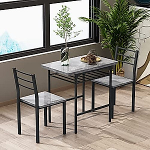AnwickNomo Dining Table Set for 2, 3-Piece Bistro Table and Chairs Set, Breakfast Nook Table Set, Small Kitchen Table Set for 2, Dinette Set with Black Frame & Printed Gray Marble Finish (Gray)
