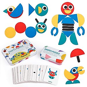 Coogam Wooden Pattern Blocks - Tangram Shape Puzzle Set Color Sorting Stacking Game Wood Animal Jigsaw Preschool Montessori Brain Teaser STEM Gift for 3 4 5 Years Old Toddler Kids (60 Pattern Cards)
