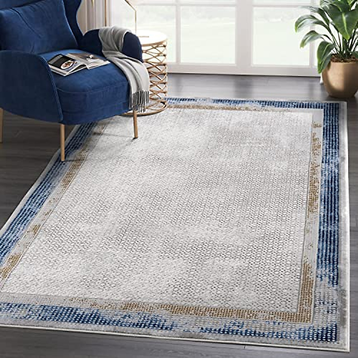 Abani Solid Grey Rugs Geometric Pattern 4'x6' Bedroom Rug - Modern Design Blue Border No-Shedding Premium Area Rug