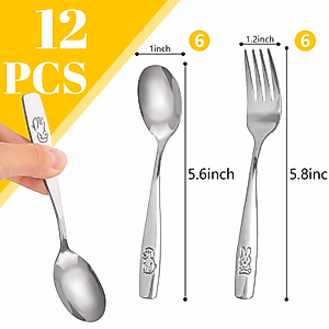HAKSEN Stainless Steel Toddler Utensils Set, 12PCS Kids Safe Forks and Spoons with Bunny and Puppy Motifs, Mirror Polished & Dishwasher Safe