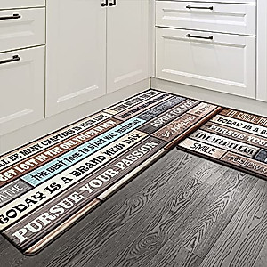 Sunlit Set of 2 Anti Fatigue Kitchen Floor Mat(Size 28"x17"&47"x17"), Non Slip Waterproof Comfort Standing Mat, Thick Cushioned Anti Fatigue Kitchen Rug Runner, Brown Motivational Inspirational Quotes