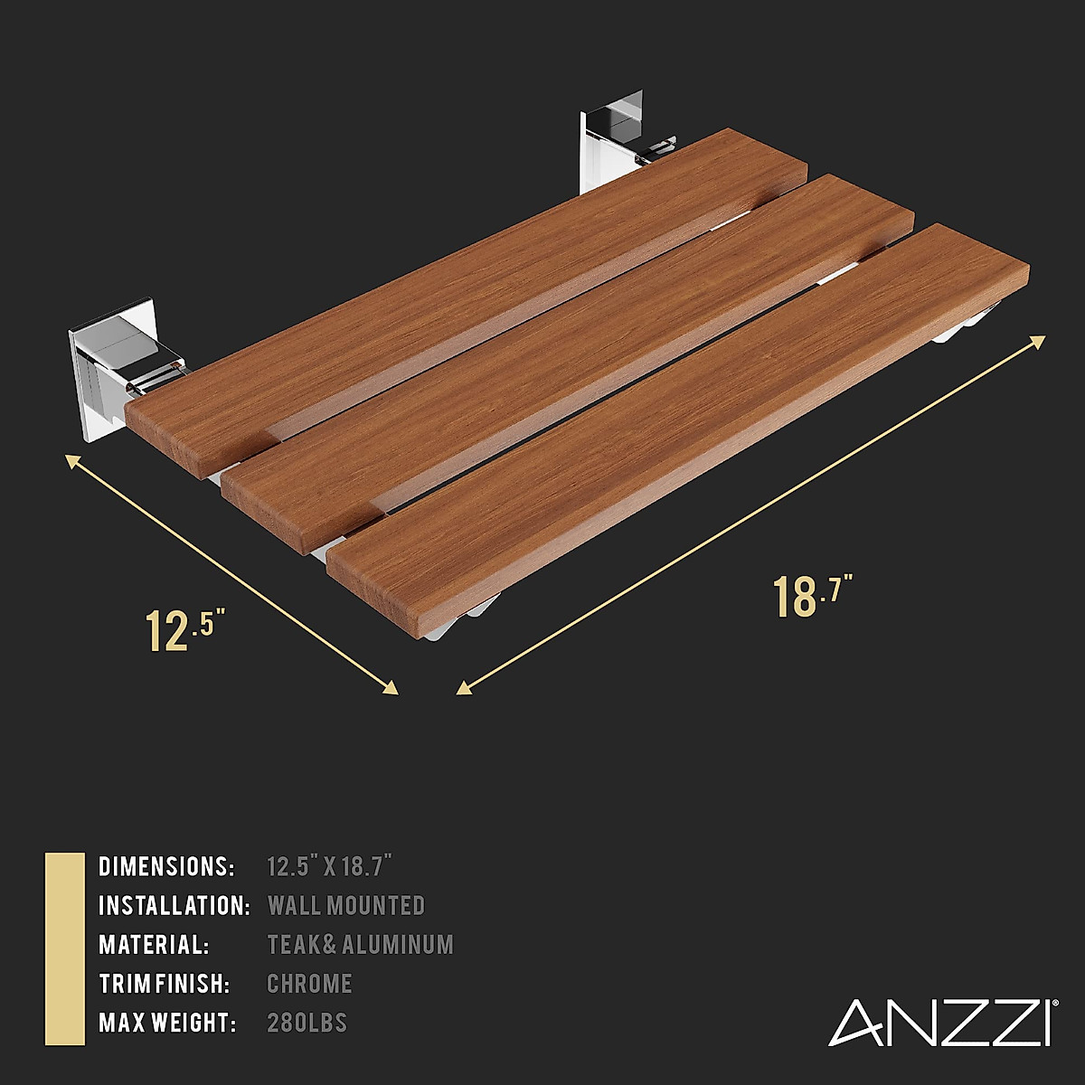 ANZZI Wall Mount Spa Bohemian 18.7 in x 12.4 in Rhino Alloy Certified Bathroom Accessories Folding Teakwood Shower Bench AC-AZ202