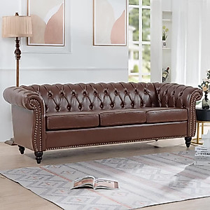 84"Rolled Arm Chesterfield Sofa Couch, Modern 3 Seater Sofa Couch, Luxious Leather Couch with Thicken Seat Cushions and Button Tufted Back, Chesterfield Couch with Nailhead Trim, Dark Brown+PU