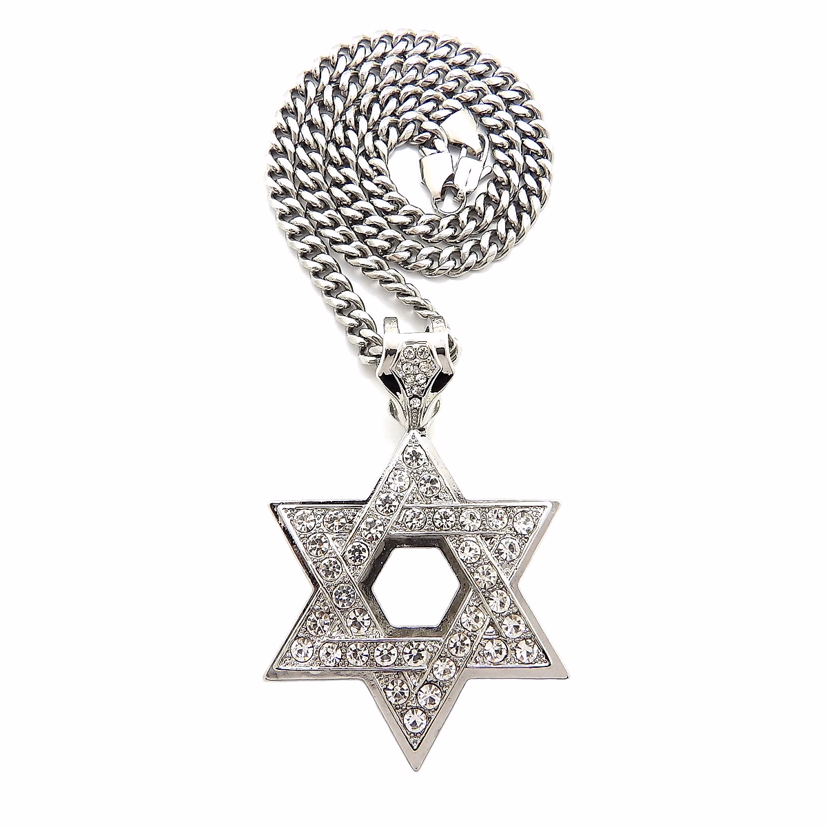 iJewelry2 Stainless Steel Silver Tone Crystals Open Star of David Charm Pendant Cuban Chain Necklace