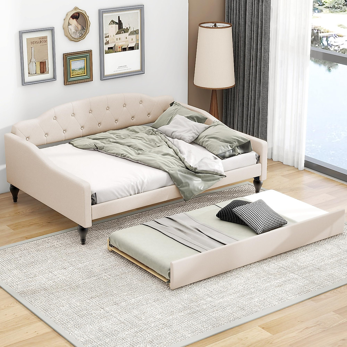 Upholstered Full Daybed with Twin Size Trundle, Full Size Daybed Frame with Button Tufted and Wingback Design, Wooden Full Sofa Bed for Livingroom Bedroom, No Box Spring Needed,Beige