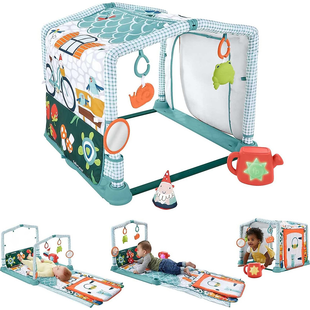 Fisher-Price Baby Playmat 3-in-1 Crawl & Play Activity Gym, Cottage Theme with Tunnel & Developmental Toys for Newborns 0+ Months