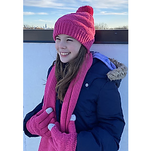 N'Ice Caps Girls Gloves Hat Scarf Winter Kids 3 Piece Set Cable Knit Warm Sherpa Lined (Fuchsia 1, 9-13 Years)