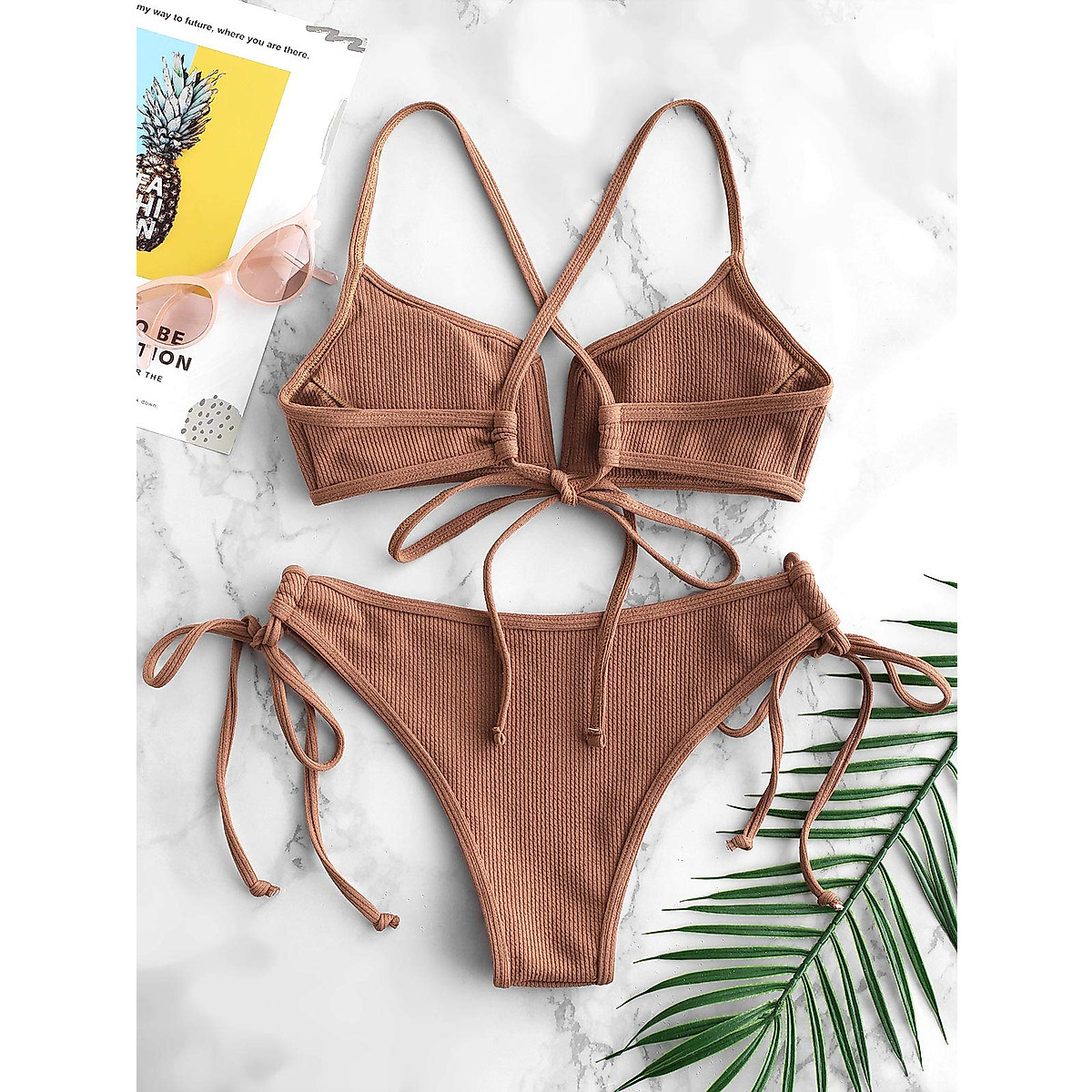ZAFUL Women's High Cut Bikini Sets Ribbed V-Wire Cami Bikini Two Piece Swimsuit (3-Light Brown, M)