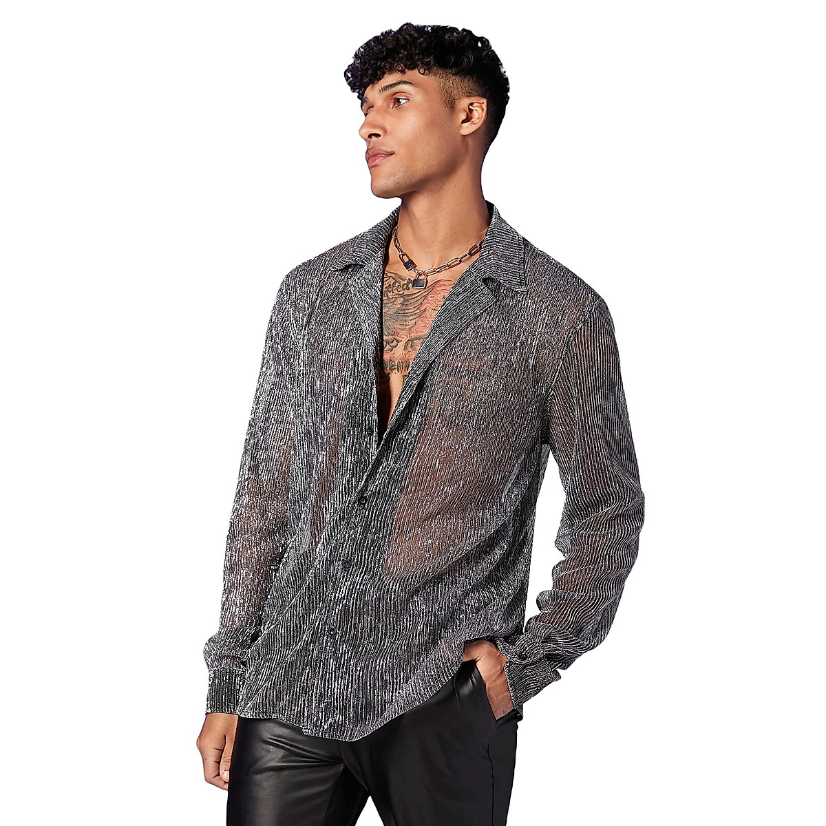 WDIRARA Men's Sheer Mesh See Through Glitter Button Front Long Sleeve Shirt Tops Silver XL