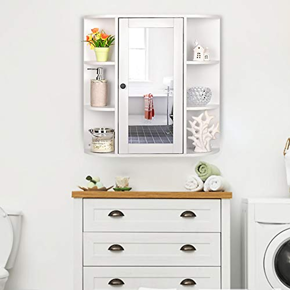 OKIDA Bathroom Wall Mounted Cabinet, Toilet Bathroom Spacesaver, Multipurpose Kitchen Medicine Storage Organizer with Single Mirror Door and Adjustable Shelf (White)
