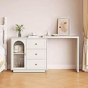 RoyalCraft Makeup Vanity Desk, Extendable Corner Vanity Makeup Table with 3 Drawers & 1 Door, Modern Dressing Table for Bedroom, Cream White Makeup Vanity Without Mirror