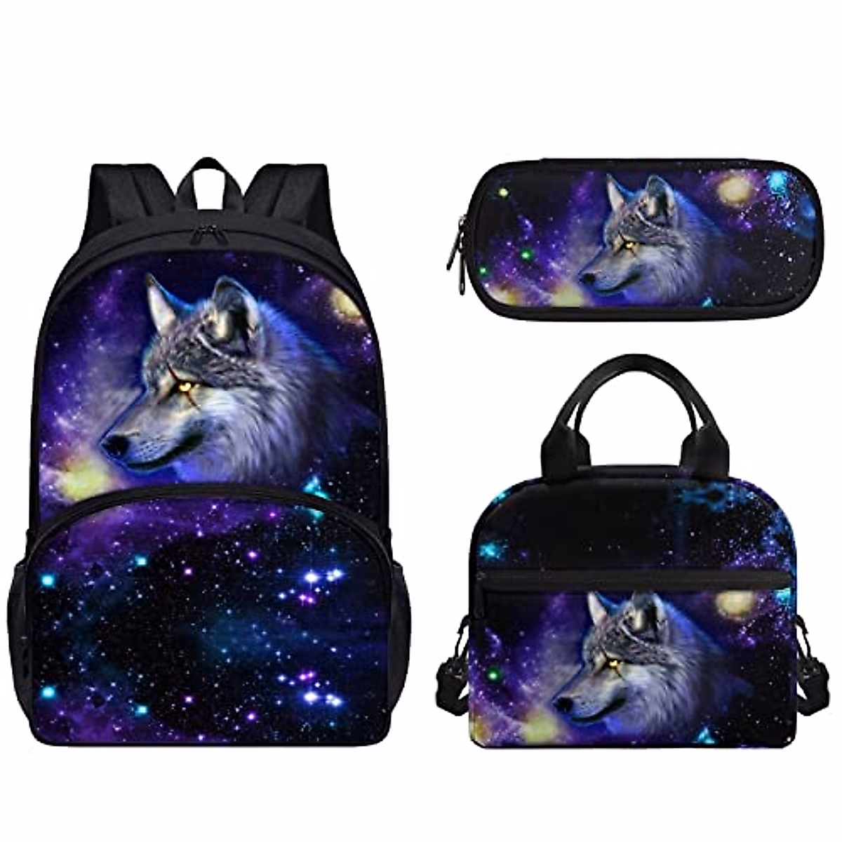 Renewold 3 Pack Galaxy Wolf Print Kids Backpack Set Child Teens Bookbag Student Book Bag Set Daypack with Lunch Box Pencil Case Set for Primary Middle School Girls Boys Lightweight