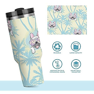 pnyoin Summer Bulldog Insulated Tumblers With Handle And Straw 30 oz Stainless Steel Tumbler Cups With Lid Leakproof BPA-Free Water Bottle,Cup Holder Compatible for Travel