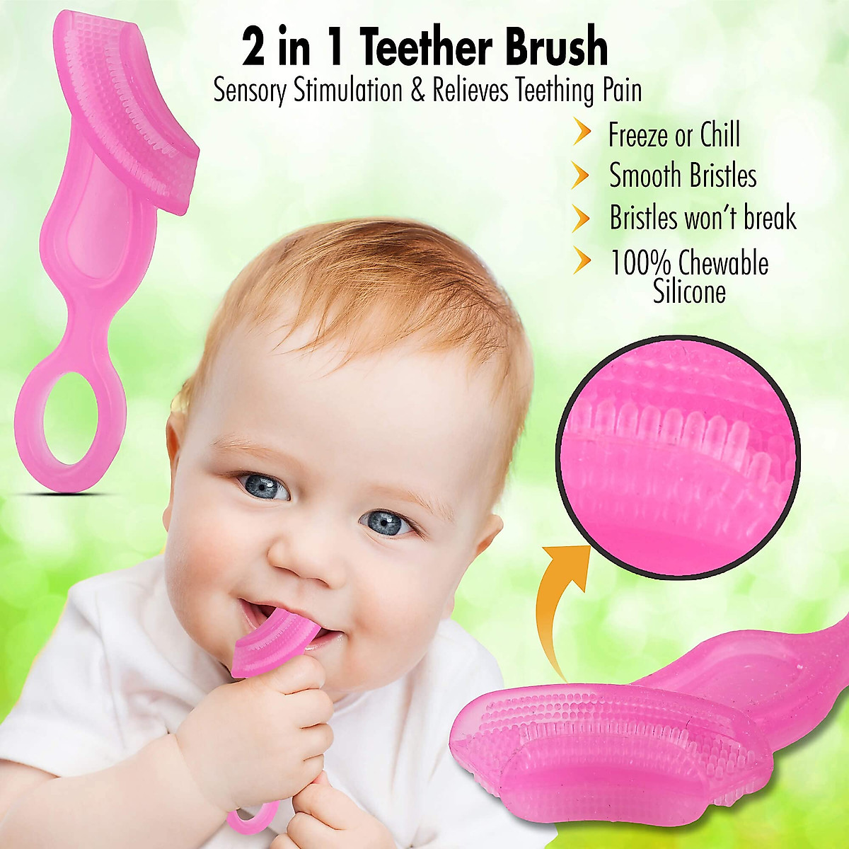 Brilliant Oral Care Baby’s First Toothbrush, Smooth Silicone Bristles Gently Clean Tender Teeth and Gums, for Ages 4+ Months, Pink, 2 Count