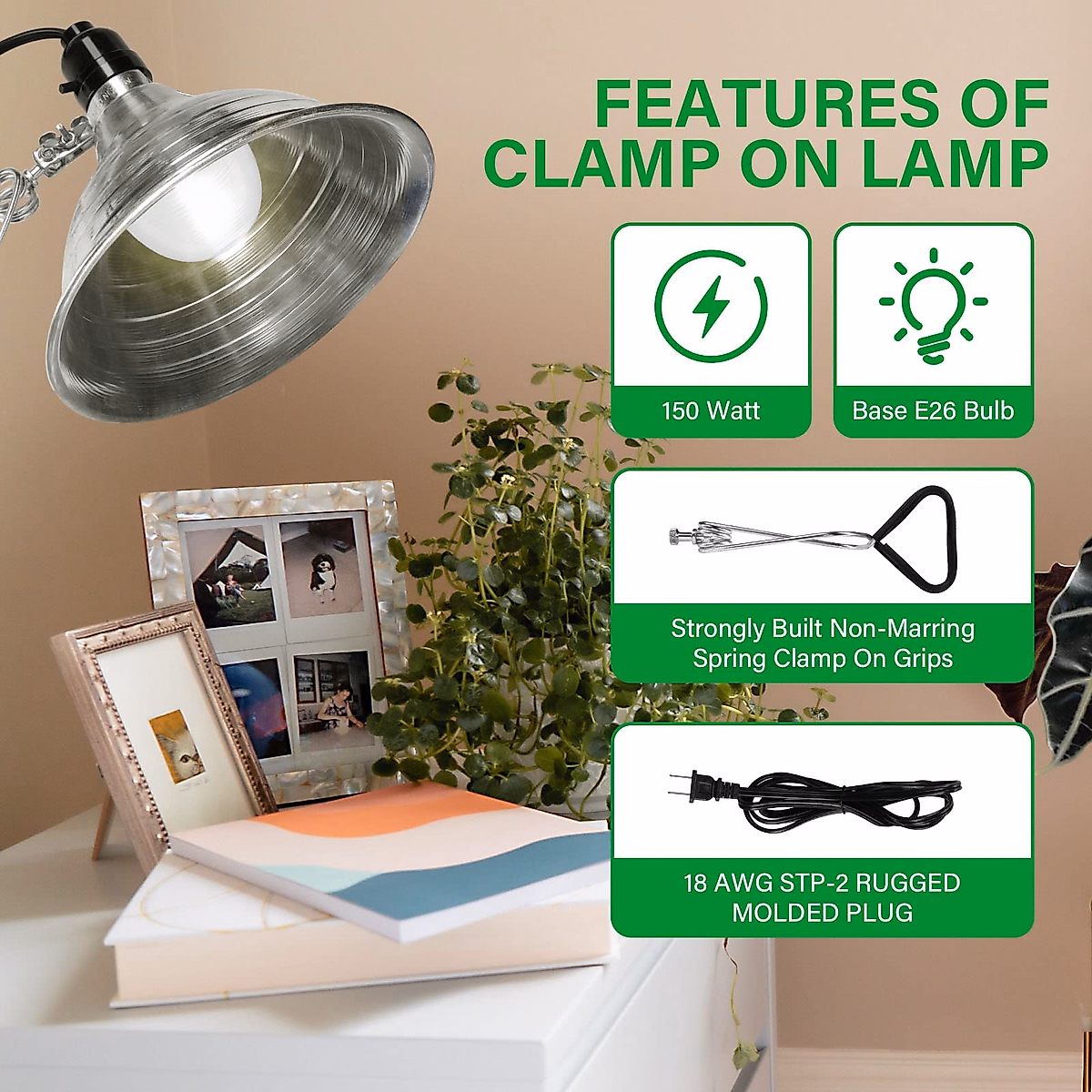 Simple Deluxe Clamp Lamp Light Socket with 8.5 Inch Aluminum Reflector, Suit for Max 150 Watt Lamp (No Bulb Included) with 18/2-Gauge 6 Feet Cord, 1-Pack