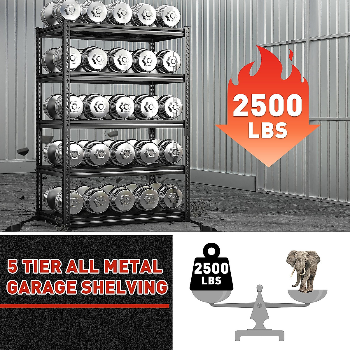 REIBII 72"H Garage Shelving Load 2500 Lbs Garage Storage Shelves Heavy Duty Shelving 5-Tier Adjustable Garage Shelves Sturdy Metal Shelves for Storage Garage Shelf Industrial Shelving 72"H x36"W x18"D