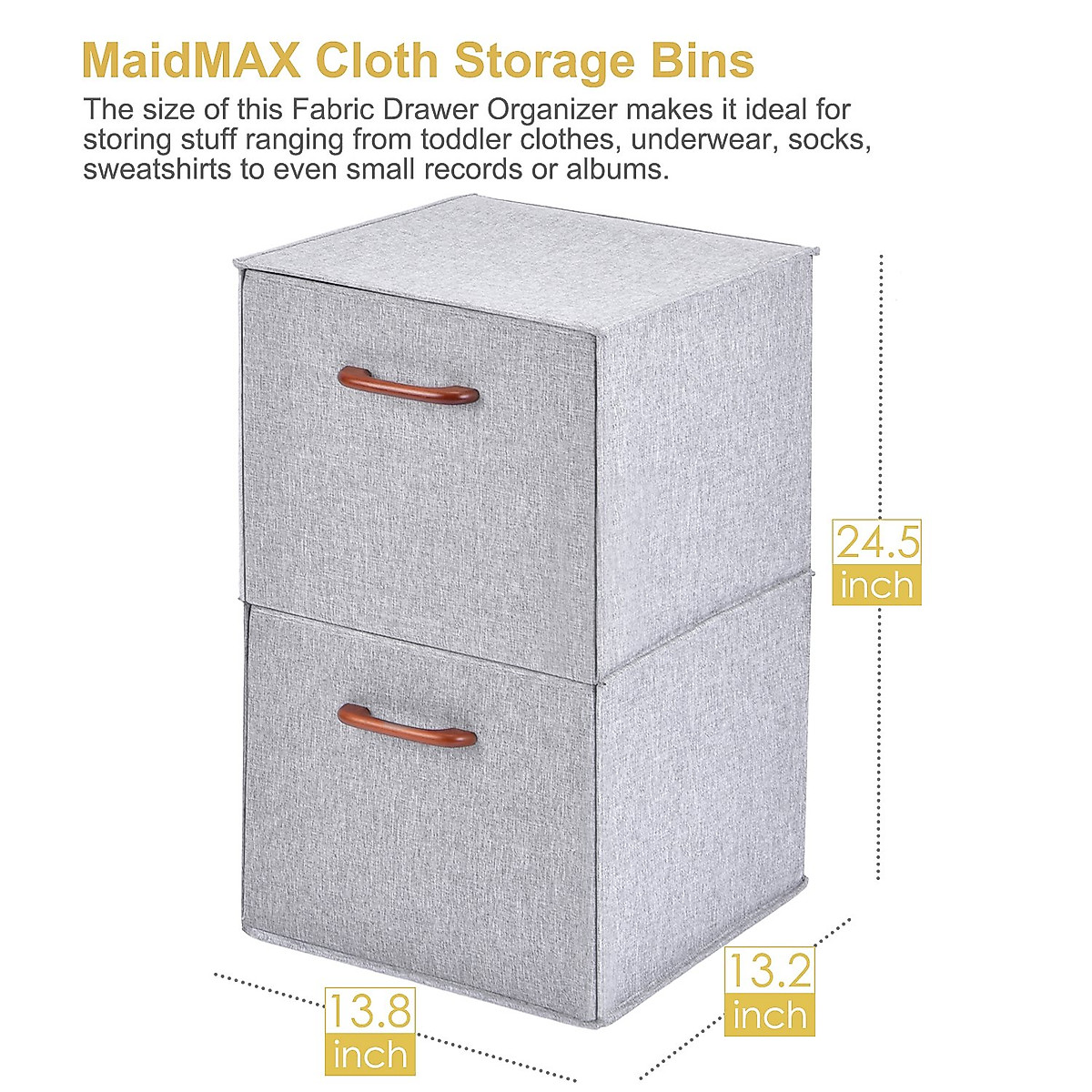 MaidMAX 2 Tiers Collapsible Storage Organizer, Fabric Cube Bins, Pull-Down Doors with 2 Wooden Handles for Closet, Home, Office, Free Standing, Grey