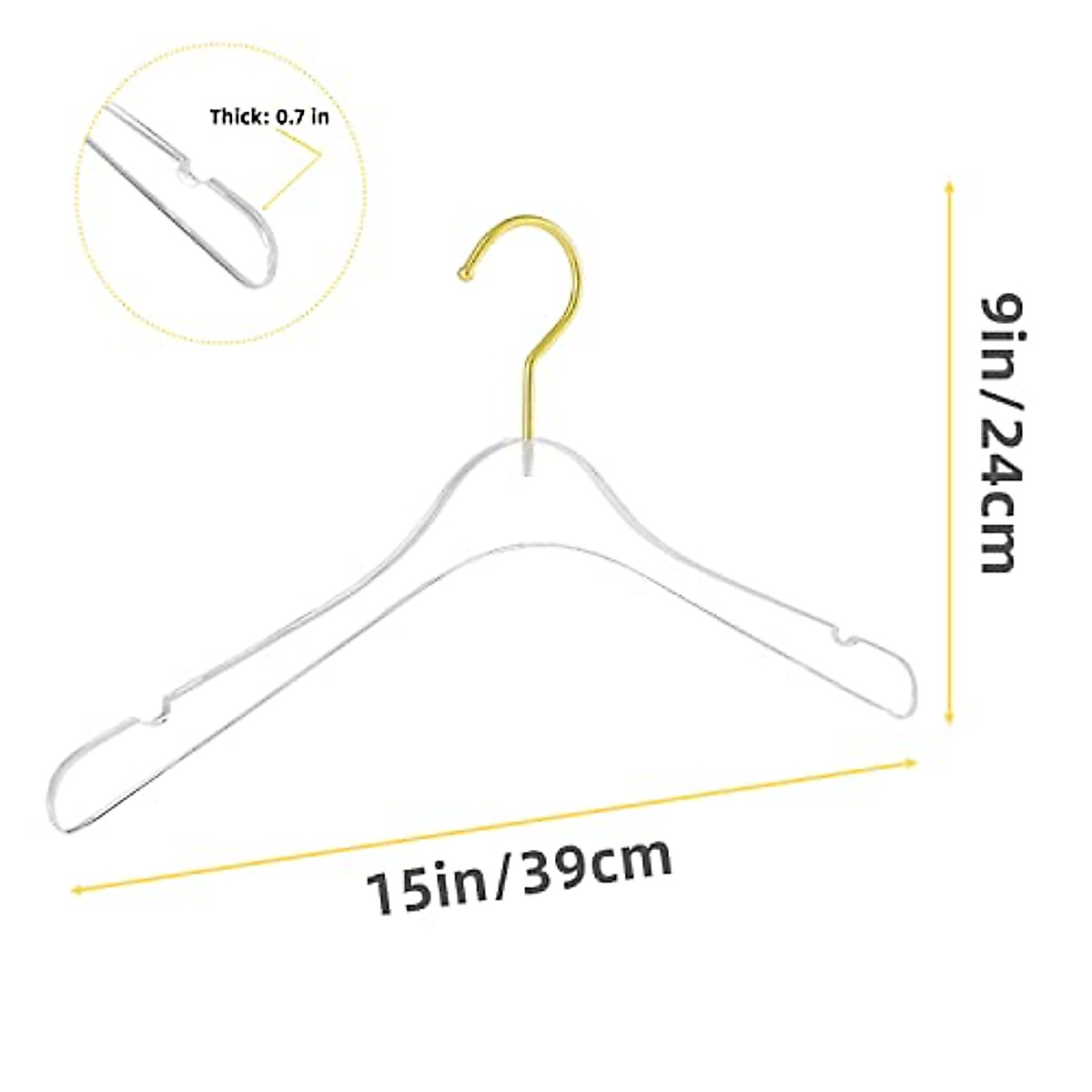 Nisorpa 10 Pack Acrylic Clear Hangers, Acrylic Crystal Clothes Hangers Clothing Standard Hangers with Gold Swivel Hook & Non-Slip Notches for Suit Coat Sweater Jacket Blouse Dress Skirts Shirts
