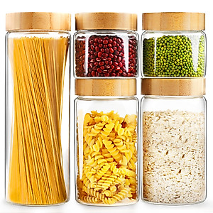 AISIPRIN Airtight Glass Jar with Lid, Glass Storage Containers with Screw On Bamboo Lids, for Cookie, Pasta, Cereal Storage Containers, 5Pcs 80oz 50oz 27oz Canisters Sets for the Kitchen