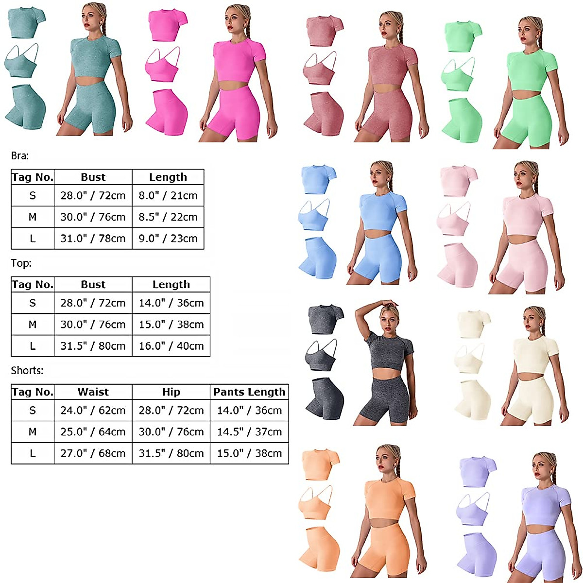 Women's Seamless Yoga Outfits 3 Pieces Workout Short Sleeve Crop Top + Camisole Tank Sports Bra + High Waisted Running Shorts Sets Biker Activewear Athletic Fitness Tracksuit Gym Clothes Pink Small