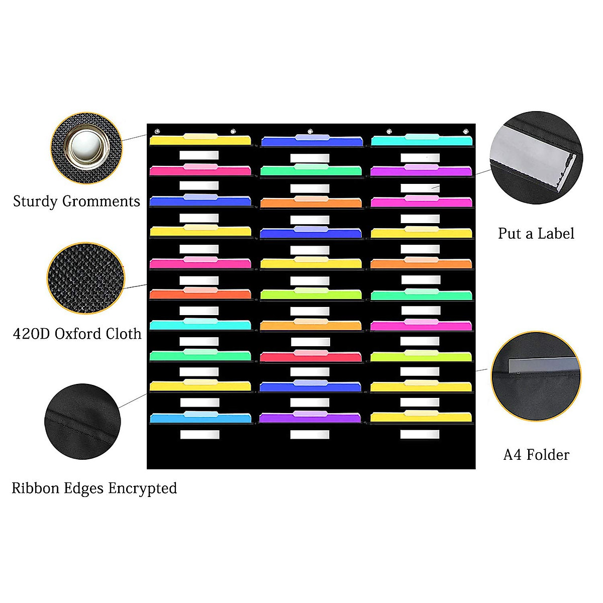 Hanging File Holder Organizer Rack, 30 Pocket File Folder Black, Wall Mount, Folder Tabs, 5 Metal Hooks, Hang Desk File, Letter, Magazine, Mail, Calendar, Home Decor Storage Cabinet, Office, Shelf