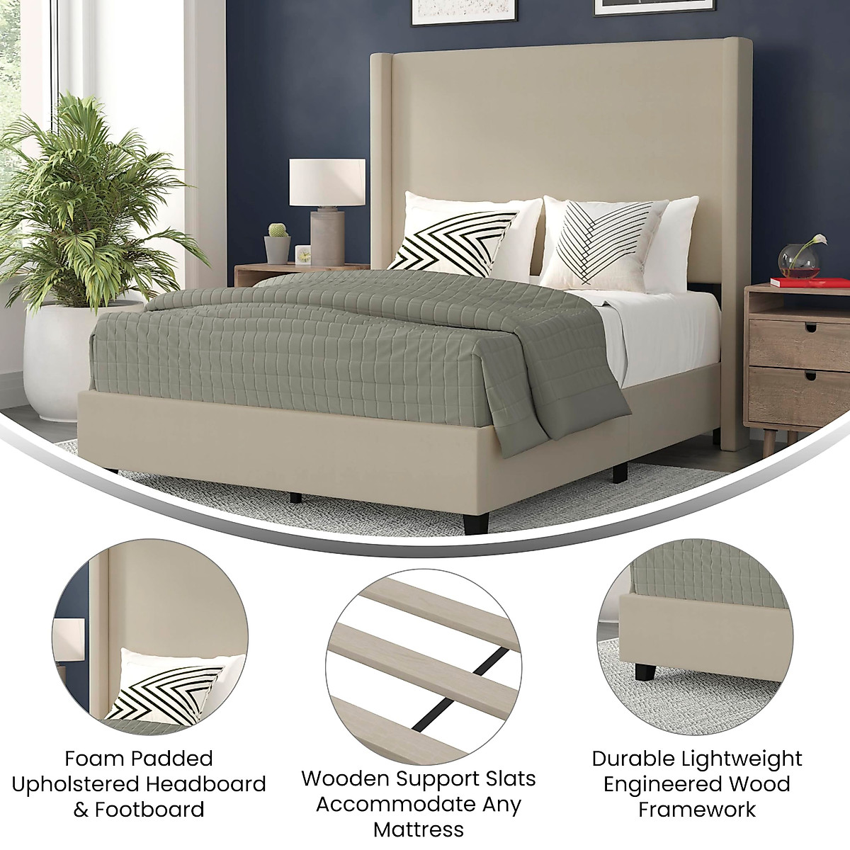 Merrick Lane Bramlett Modern Platform Bed - Beige Faux Linen - Queen - Padded Wingback Headboard - 3" Floor Clearance - Wood Support Slats - No Box Spring Needed