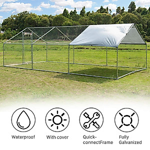 Large Metal Chicken Coop Walk-in Poultry Cage Hen Run House Cage Spire Shaped Cage with Waterproof and Anti-Ultraviolet Cover for Outdoor Backyard Farm Use (1.26" Diameter, 19.68’ L×9.84’ W)