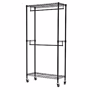 Amazon Basics Double Hanging Rod Garment Rolling Closet Organizer Rack, Black & Expandable Metal Hanging Storage Organizer Rack Wardrobe with Shelves, 14"-63" x 58"-72", Black