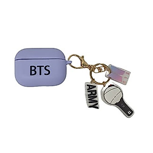 BT-S Airpods Pro Case with Kpop Bangtan Boys Army Bomb Keychain, Protective Premium Silicone Cover Compatible with Apple Airpods Pro (Purple)