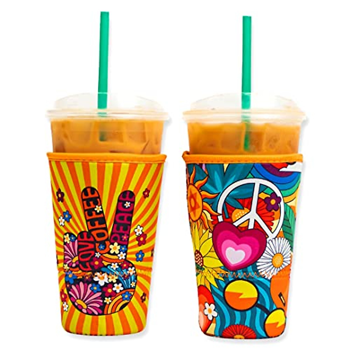 Baxendale Iced Coffee Sleeve for Large Sized Cups Neoprene Iced Coffee Sleeve (2 PK Large 32oz, Hippie)