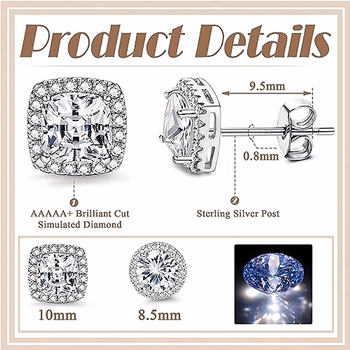 Jstyle 18K White Gold Plated Halo Stud Earrings 925 Sterling Silver Cubic Zirconia Stud Earrings Round Square Red Stud Earrings Set for Women Men CZ Birthstone Jewelry Gifts