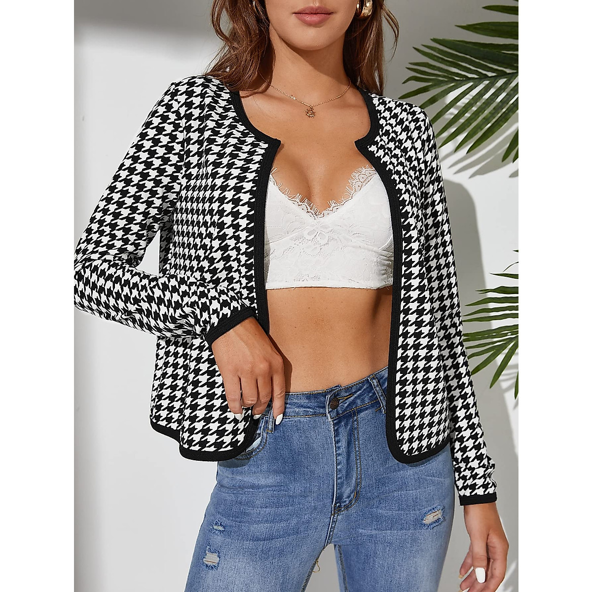 WDIRARA Women's Houndstooth Open Front Long Sleeve Plaid Work Office Elegant Jacket Black and White Tall S