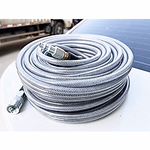 SANFU Polyurethane(PU) Air Hose 1/4-Inch x 100ft Reinforced, lightweight Anti-low temperature 300PSI with 1/4” Swivel Industrial Quick Coupler and Plug, Bend Restrictor, Silver Gray(100’)