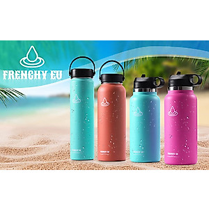 frenchy EU sports Water Bottle - 32 OZ, lids (Straw lid) Stainless Steel, Vacuum Insulated, Wide Mouth, Leak Proof, Reusable, Ecologique (Carnation)