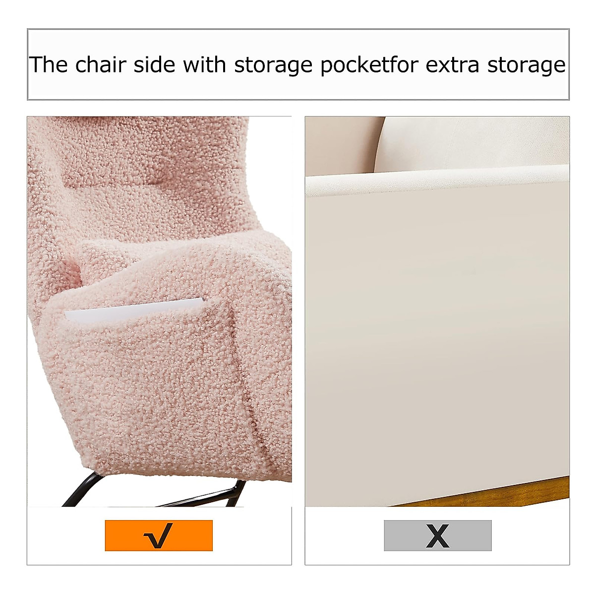 TMEOSK Small Rocking Chair Nursery, Modern Rocking Chair with Side Pockets and High Backrest, Comfy Accent Glider Chair with Headrest and Lumbar Pillow for Living Room, Bedroom (Pink)