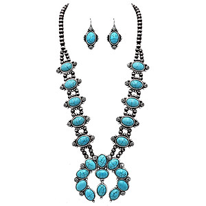 Rosemarie & Jubalee Women's Gorgeous Statement South Western Natural Semi Precious Howlite Squash Blossom Necklace Earrings Set, 27"-30" with 3" Extension (Turquoise Blue)