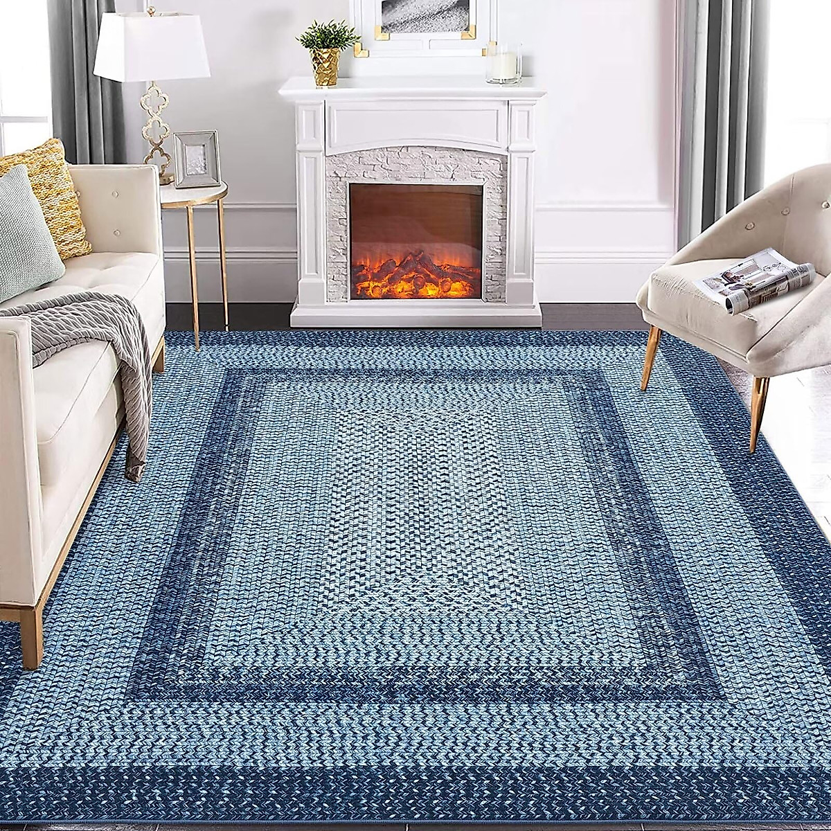 GAOMON Braided Rug 6x9 Washable Rug Braided Print Accent Rug Vintage Living Room Rug Low Pile Non Slip Indoor Carpet Non-Shedding Aesthetic Foldable Rug for Bedroom Farmhouse Office Nursery Blue