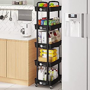 Laiensia 5-Tier Storage Cart,Multifunction Utility Rolling Cart Kitchen Storage Organizer,Mobile Shelving Unit Cart with Lockable Wheels for Bathroom,Laundry,with Classified Stickers,Black