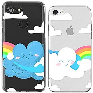 Toik Matching Couple Cases for Apple iPhone 11 Pro Xs Max Xr 10 X 8 Plus 7 6s 5s SE White Rainbow Protective Blue TPU BFFs Clear Anniversary Clouds Cute Design Hug Slim Girly Gift Relationship